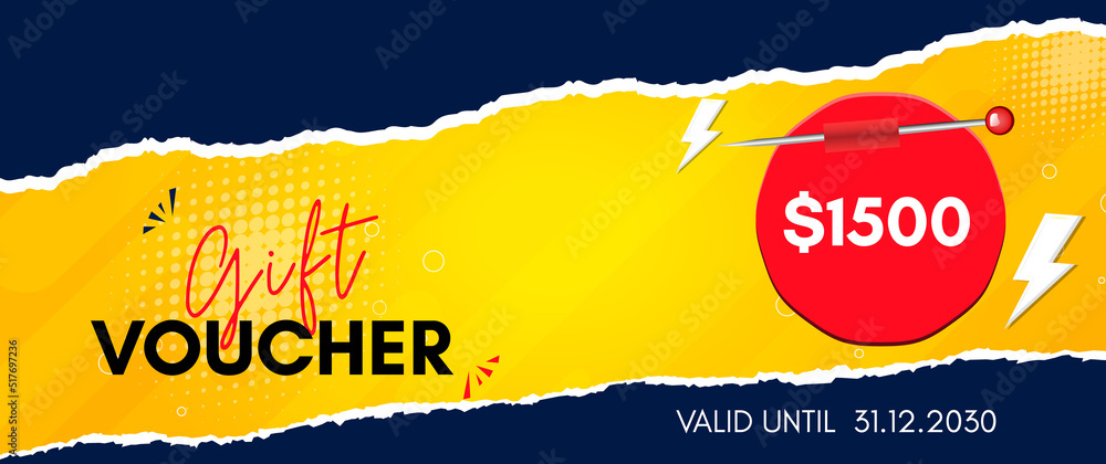 1500 Dollar Gift voucher template design with ripped torn paper ...