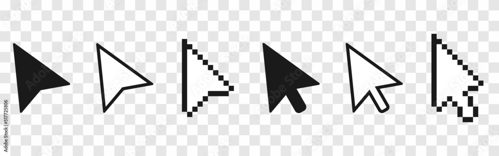 Arrow cursor pointer icon set. Computer mouse cursor on a transparent background. Click web ...