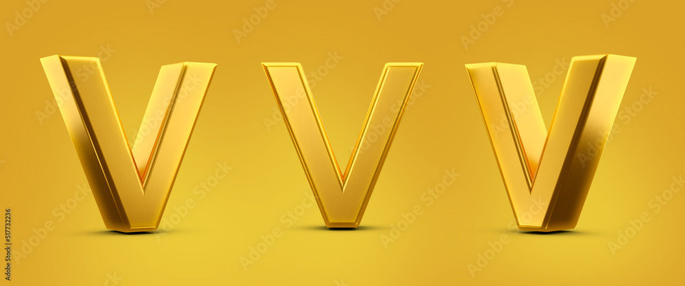 Letter V in 3d metal gold with shadow caster and yellow background ...