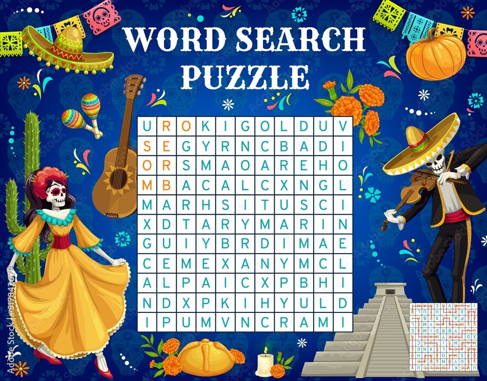 Mexican Dia de Los Muertos Day of Dead holiday word search puzzle game ...