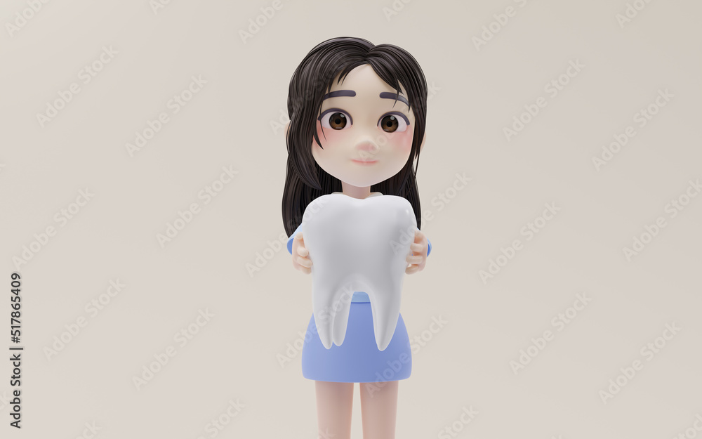 Little girl showing the tooth model with cartoon style, 3d rendering ...