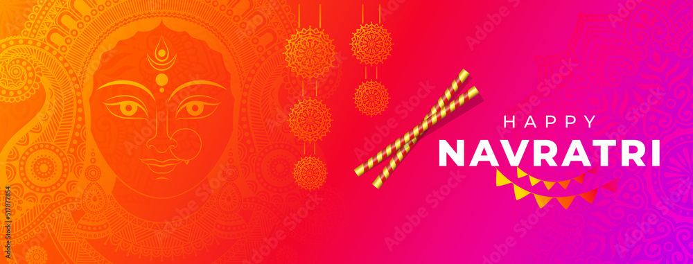 Happy Navratri Festival Banner Background with Hindu Goddess Durga Face ...