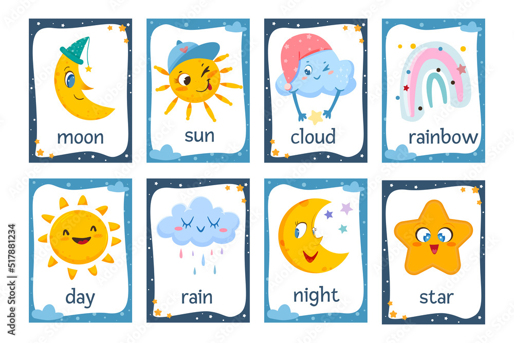 Weather flash cards set. Printable flashcard collection with cute sun ...