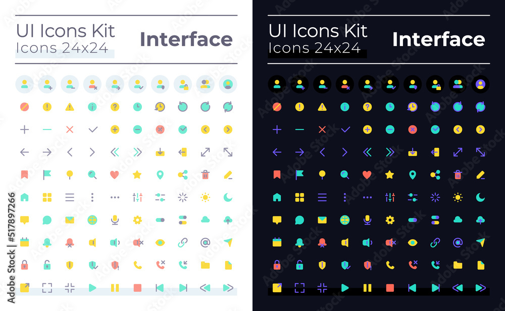Minimalistic and simple looking flat color ui icons set for dark, light ...