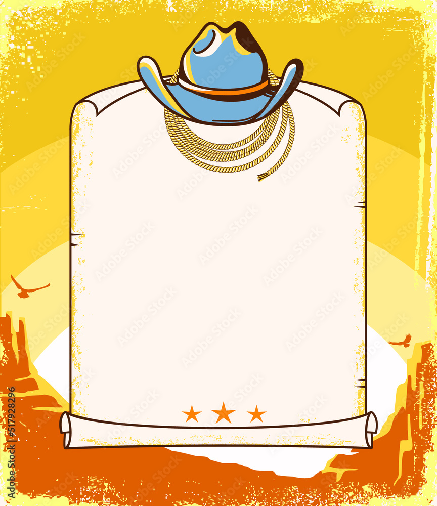Cowboy hat and rodeo lasso country paper background for text. Vector ...