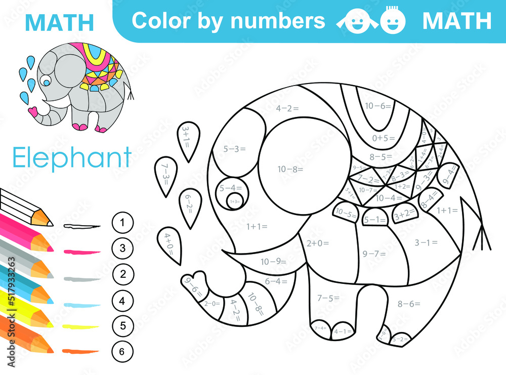 Color by number. Elephant. Addition and subtraction worksheet for ...
