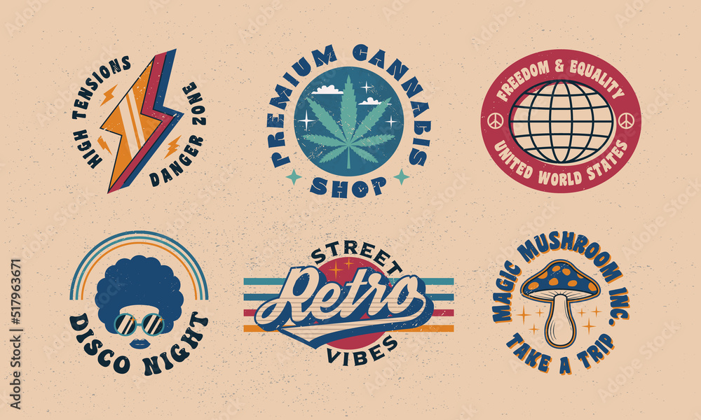 Vector de Stock Set of Retro groovy logos. Cannabis, Disco, Mushroom, Thunderbolt emblems. 1970s ...