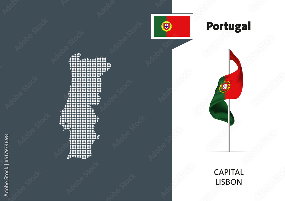 Flag of Portugal on white background. Dotted map of Portugal with ...