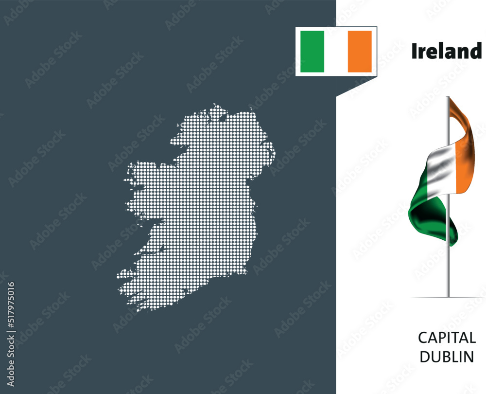 Flag of Ireland on white background. Dotted map of Ireland with Capital ...