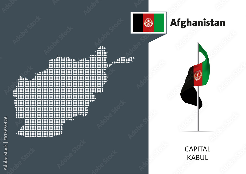 Flag of Afghanistan on white background. Dotted map of Afghanistan with ...