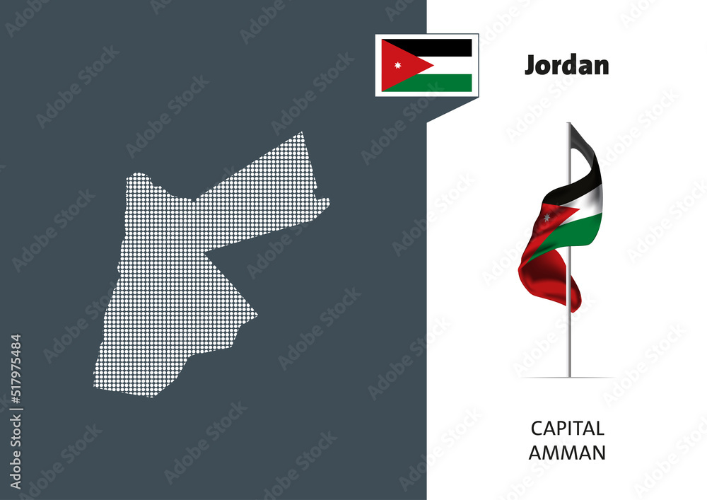 Flag of Jordan on white background. Dotted map of Jordan with Capital ...