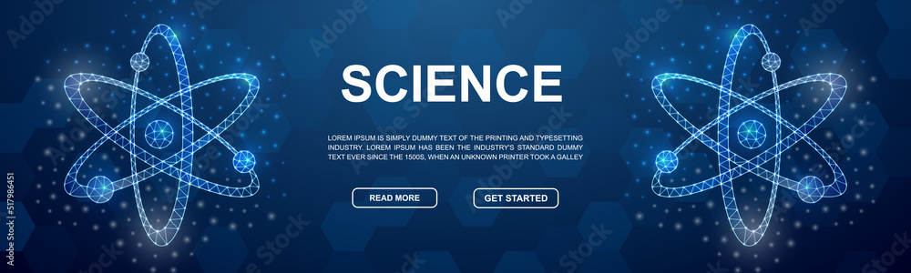 Atom polygonal symbol for promotion banner. Horizontal low poly poster ...