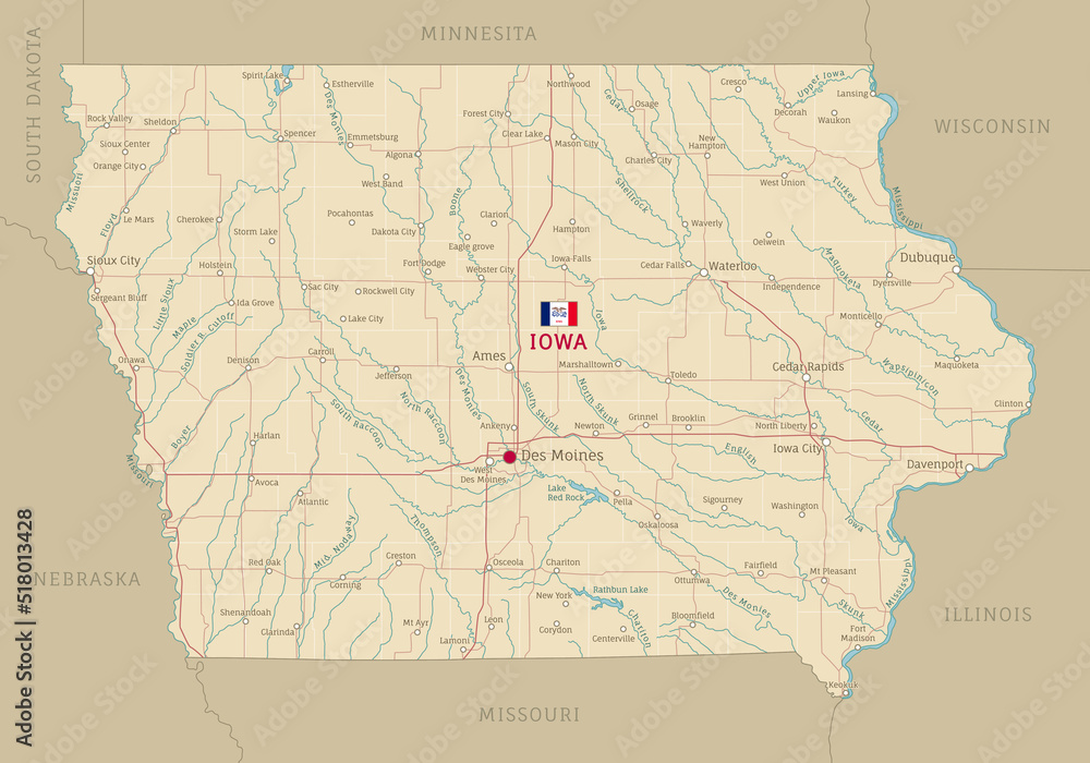 Vector de Stock Road map of Iowa, US American federal state. Editable ...