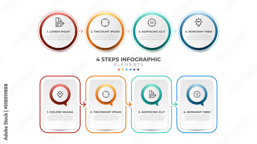 Vector de Stock 4 list of steps, horizontal sequence with icon and number, infographic element ...