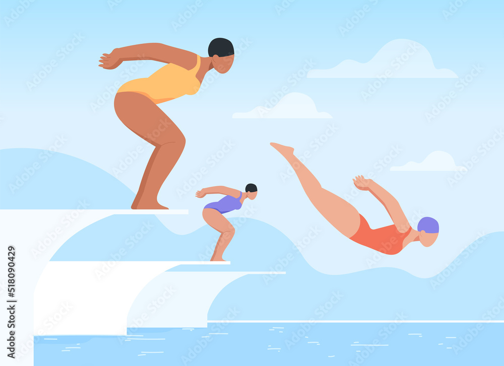 Stock-Vektorgrafik „Women in swimsuit diving into water flat vector ...