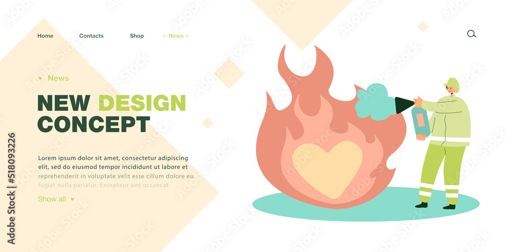 Vektor Cartoon firefighter putting out burning purple heart. Man ...