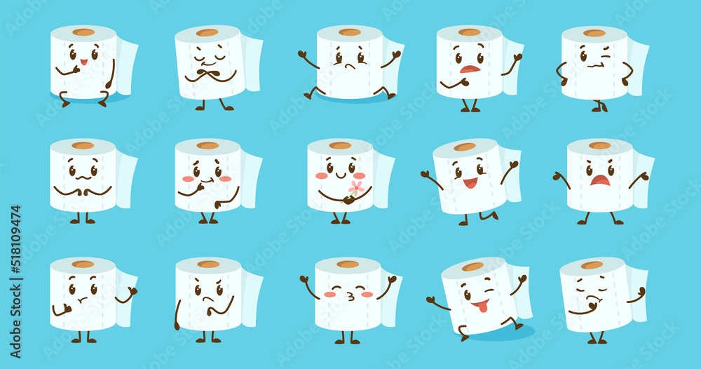 Emoticons with cute comic toilet paper vector illustrations set. Funny ...