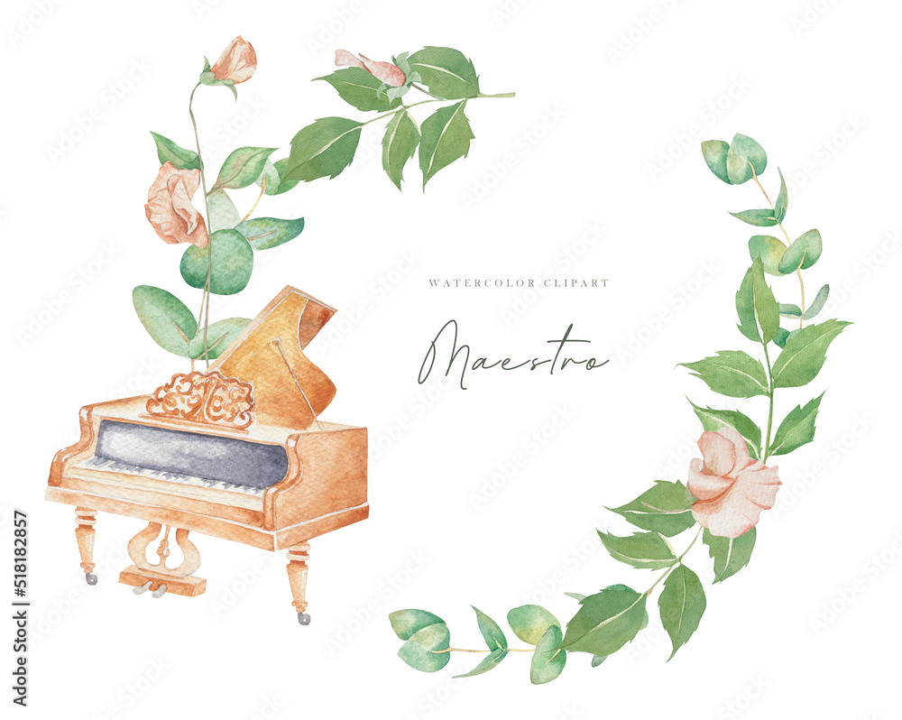 Watercolor vintage musical instruments frame with pink roses and ...