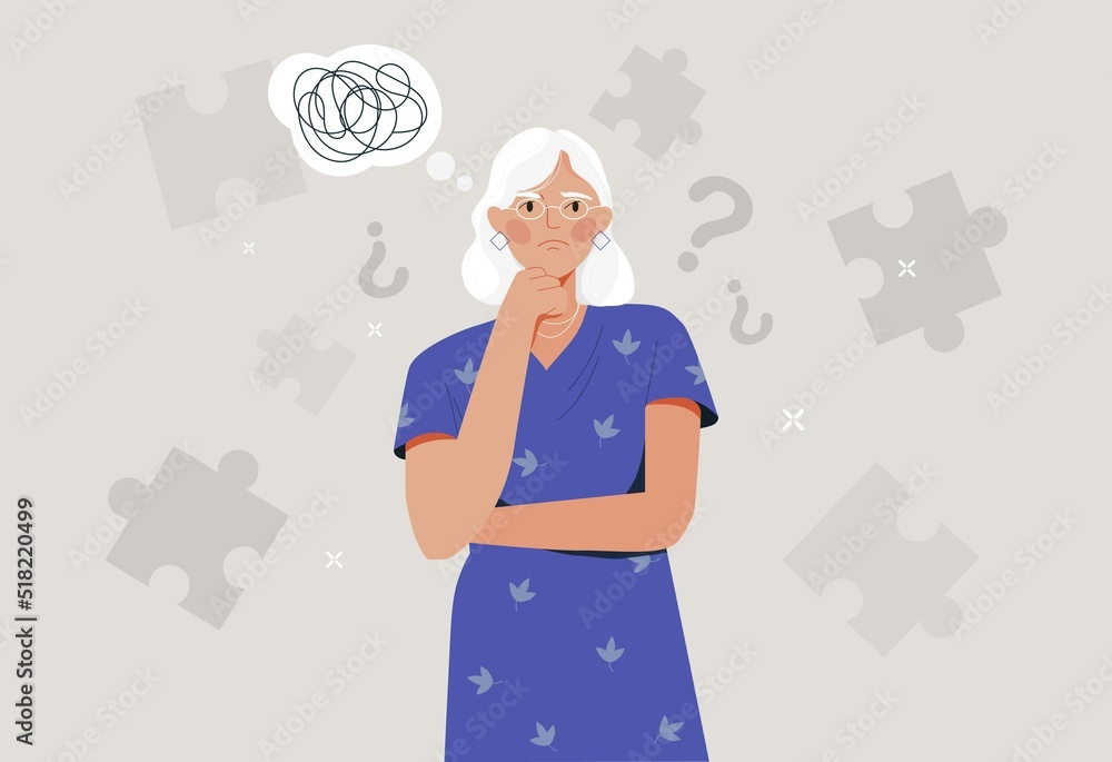 Alzheimer illness concept. Elderly woman with glasses trying to ...