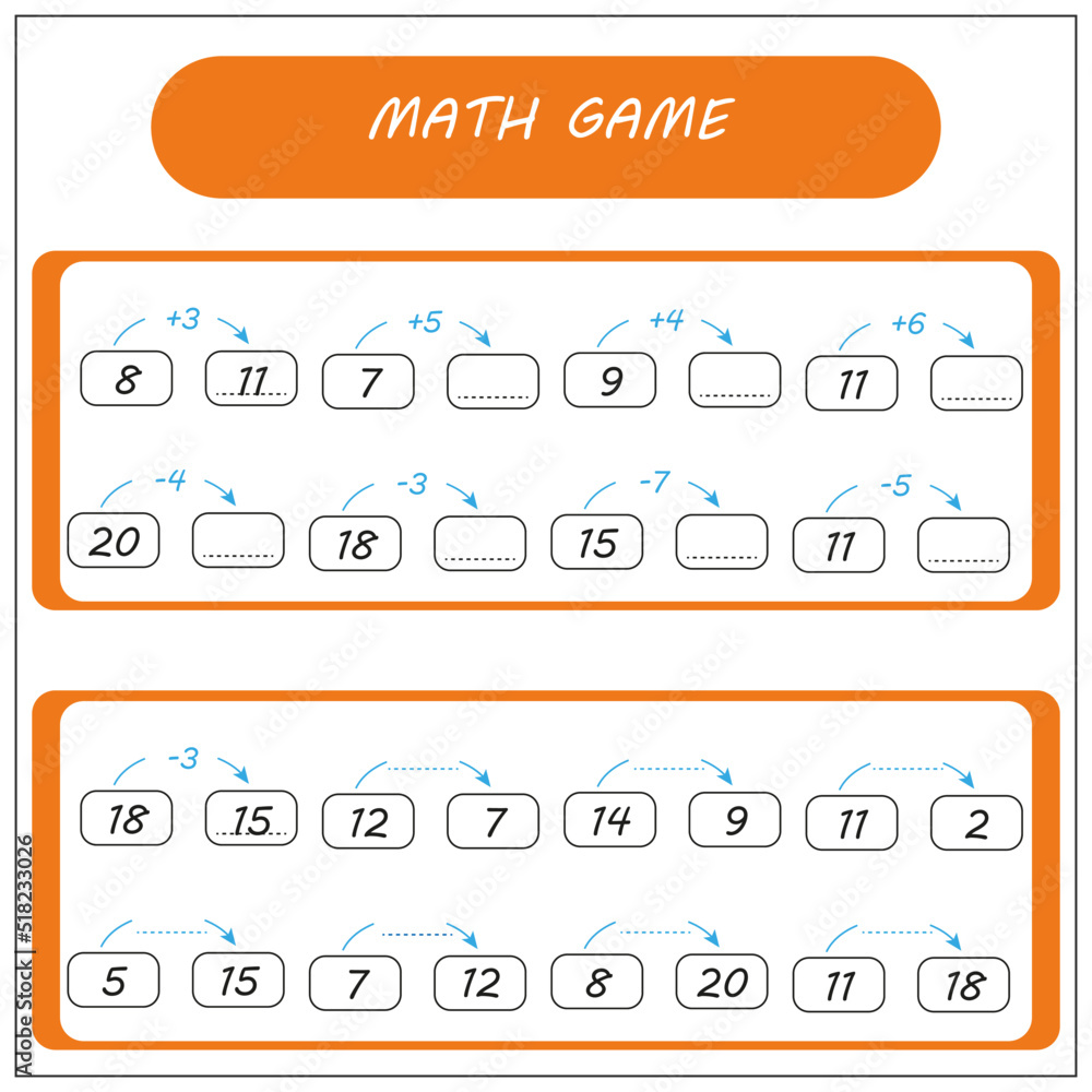 Mathematics educational game for children. Complete the row, write missing numbers. Solve the ...