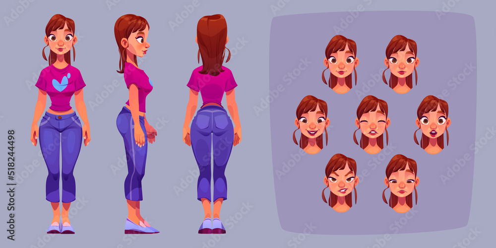 Girl character for animation, side, rear, front view and emotions ...