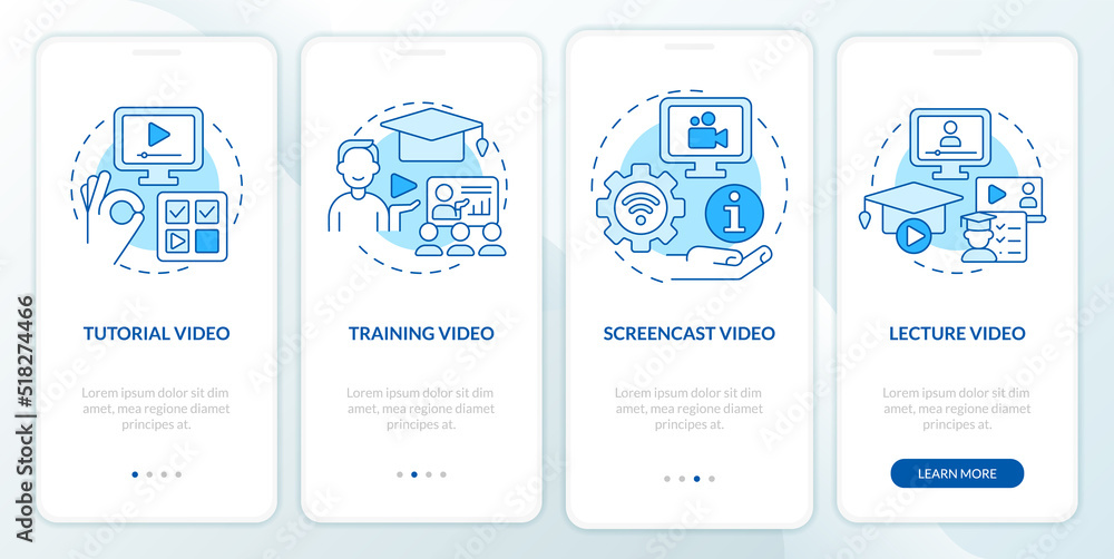 Microlearning Video Examples Blue Onboarding Mobile App Screen Walkthrough 4 Steps Editable