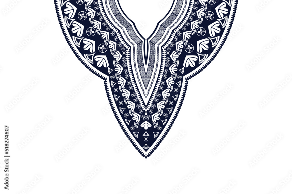 Vector african dashiki neck embroidery blue color flower pattern design. Tribal art shirts ...