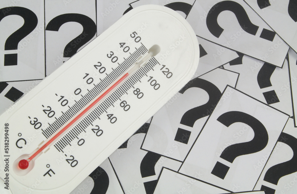 Thermometer on question marks background. Climate changing and weather ...