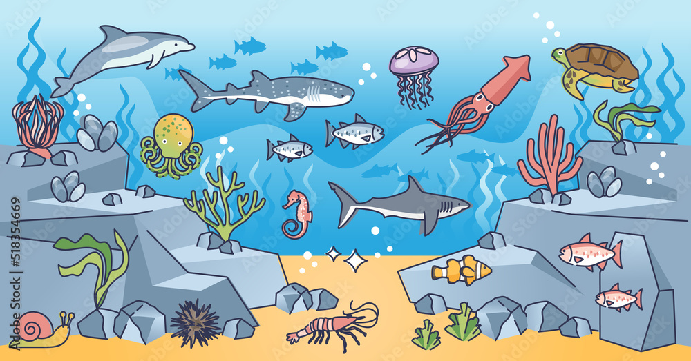 Marine ecosystem with various swimming underwater creatures outline ...