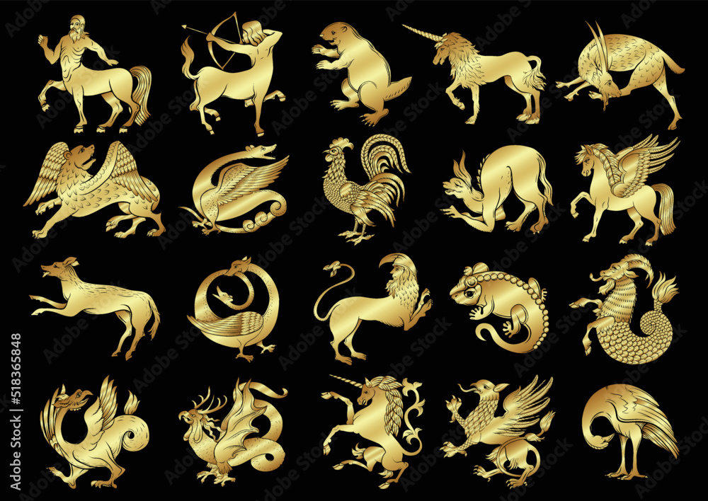 Heraldic mythical animals and creatures. Traditional character styles ...