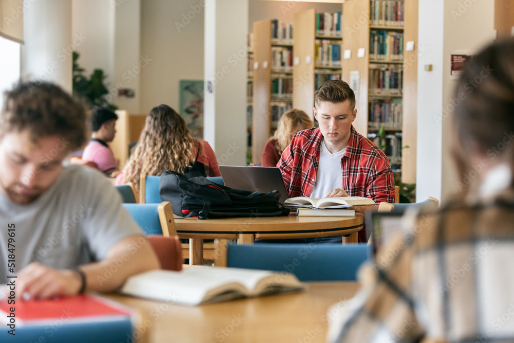 Male Student Using Laptop And Books To Study Stock Photo | Adobe Stock