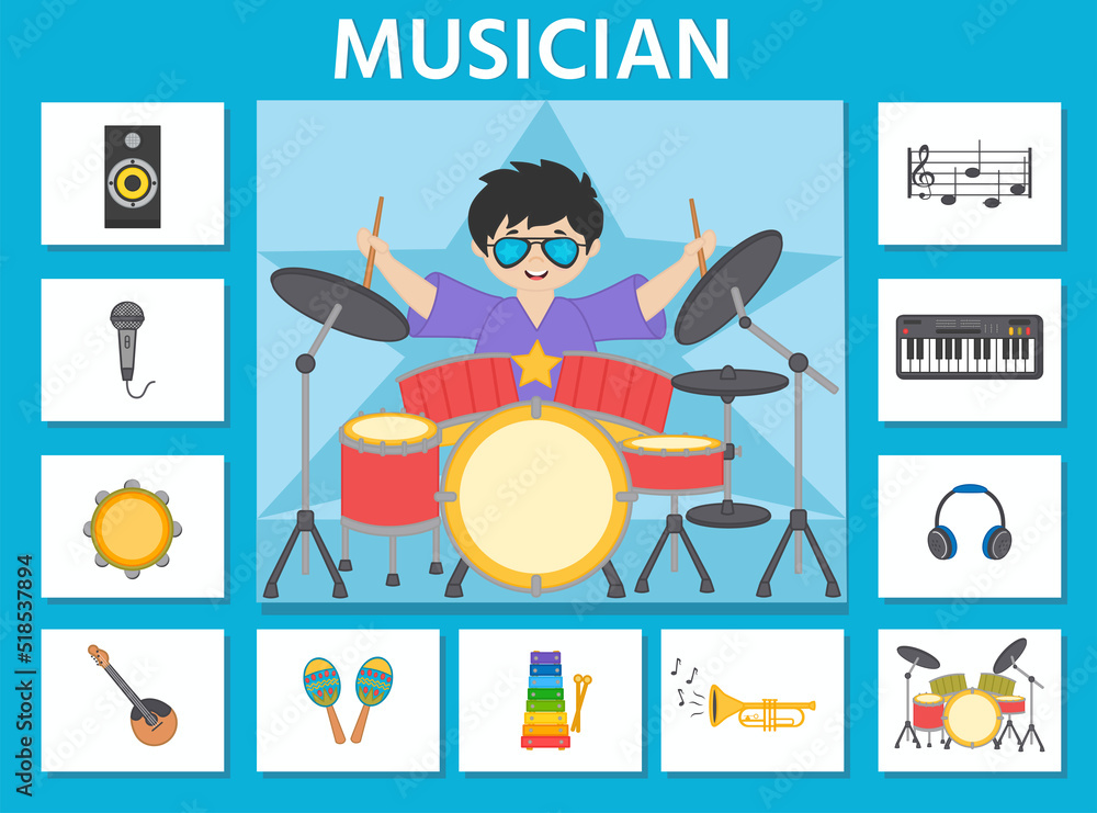Educational game for kids. Learning cards. Professions. Musician ...