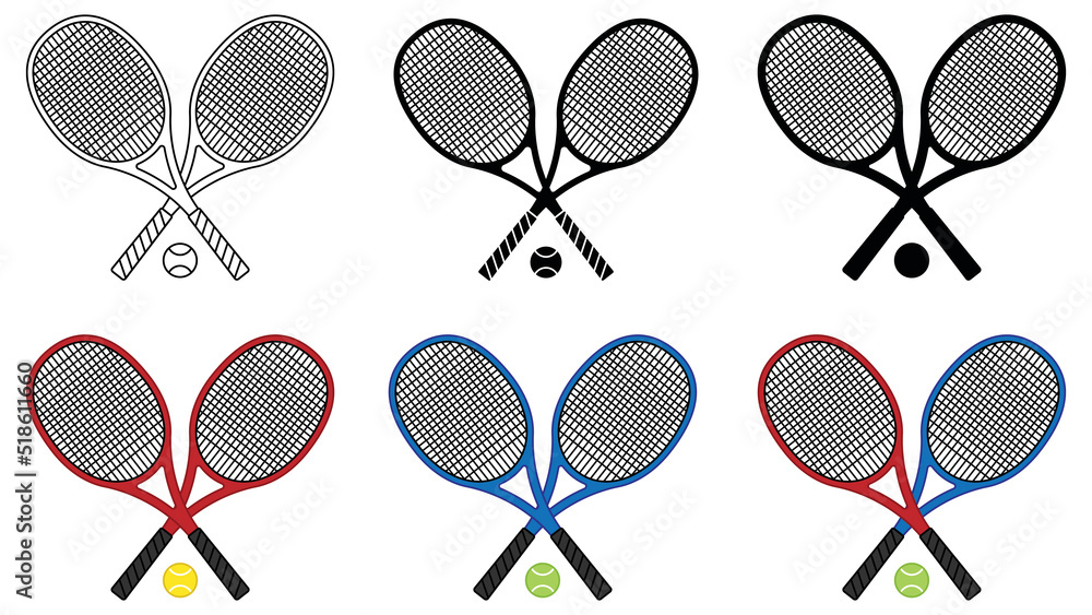 Crossed Tennis Racket and Ball Clipart Set - Outline, Silhouette and ...