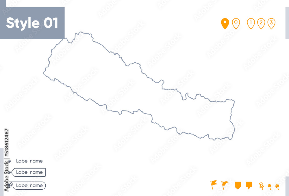 Nepal - stroke map isolated on white background. Outline map. Vector ...