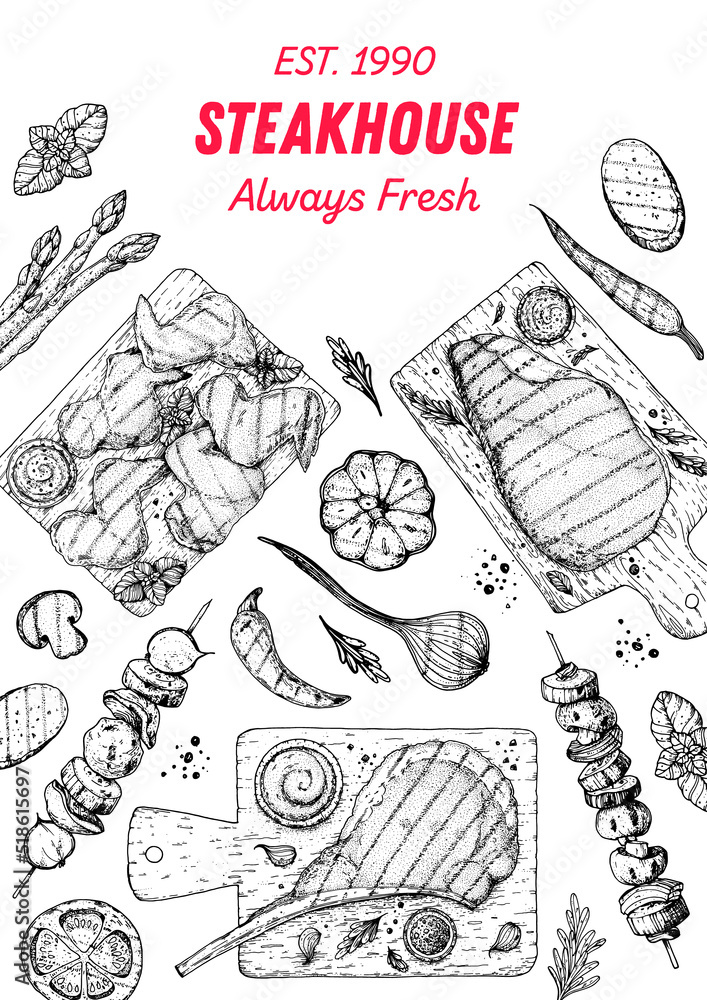 เวกเตอร์ Stock Grilled meat frame. Steak House menu. Hand drawing ...