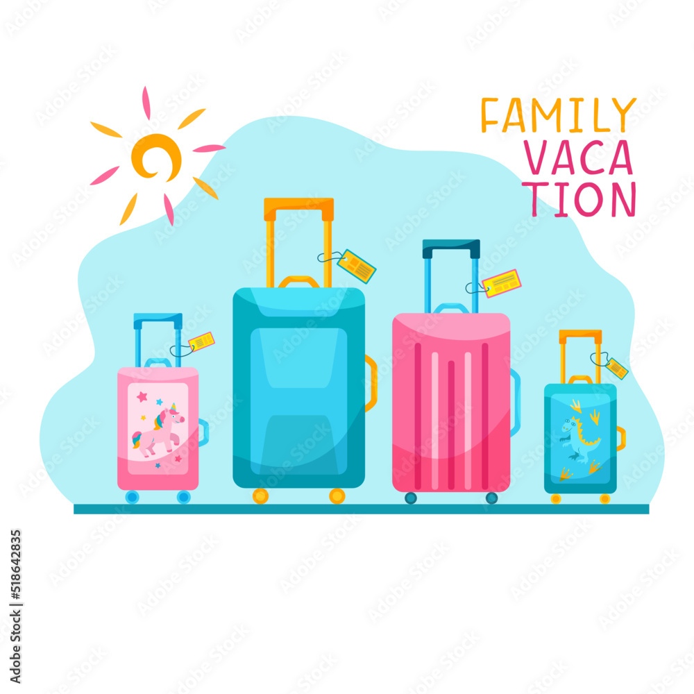 Hand drawn vector illustration of family vacation with four flat ...