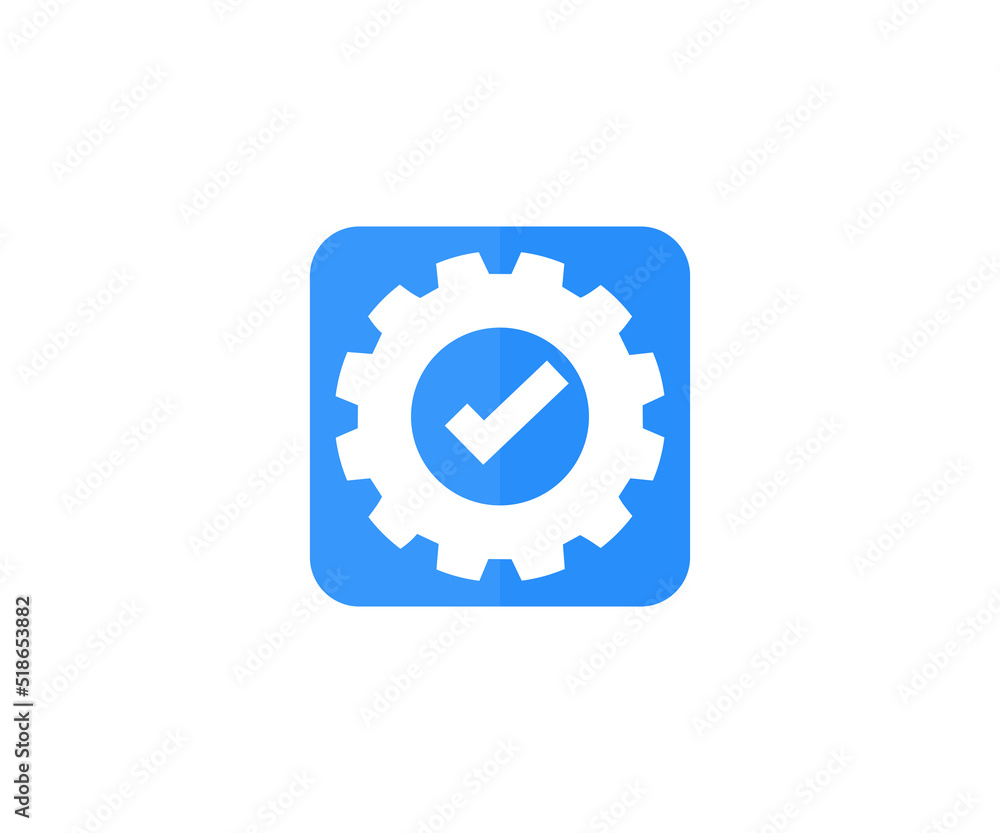 Gear icon with check mark as completed update settings. Cog wheel ...