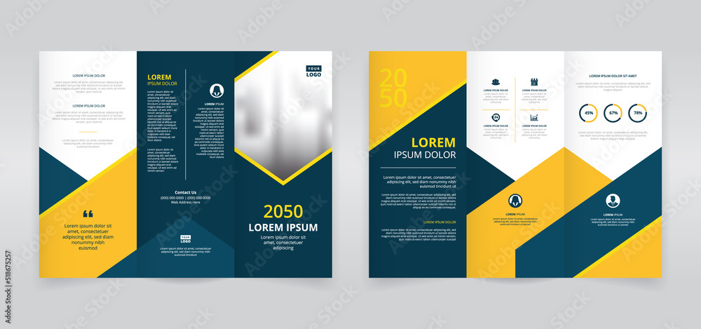 Dark blue and yellow colored trifold brochure template, trifold flyer ...
