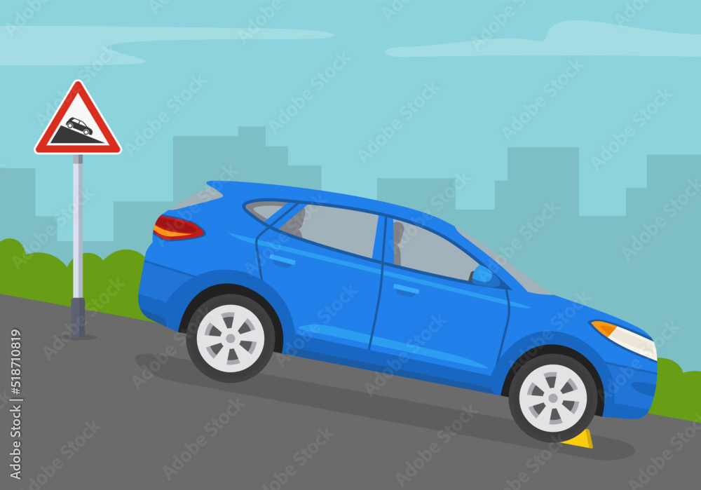 Safe driving rules and tips. "Steep descent" warning sign and wheel ...