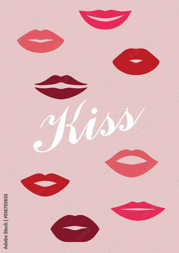 Girls lips. Female kisses. Red lipstick. Smiling mouth shapes. Makeup ...