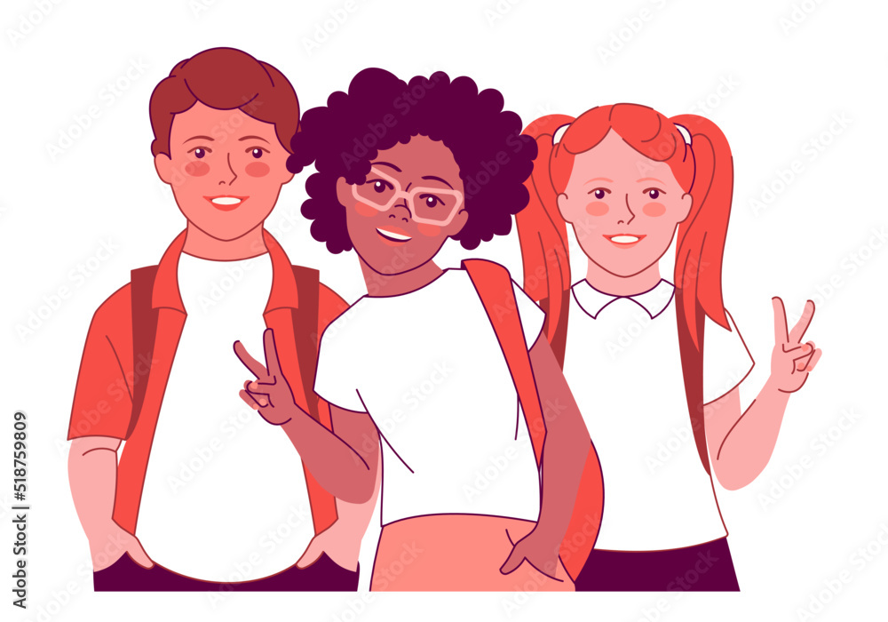 Happy teen classmates.Cartoon vector portrait of Siblings, friends ...