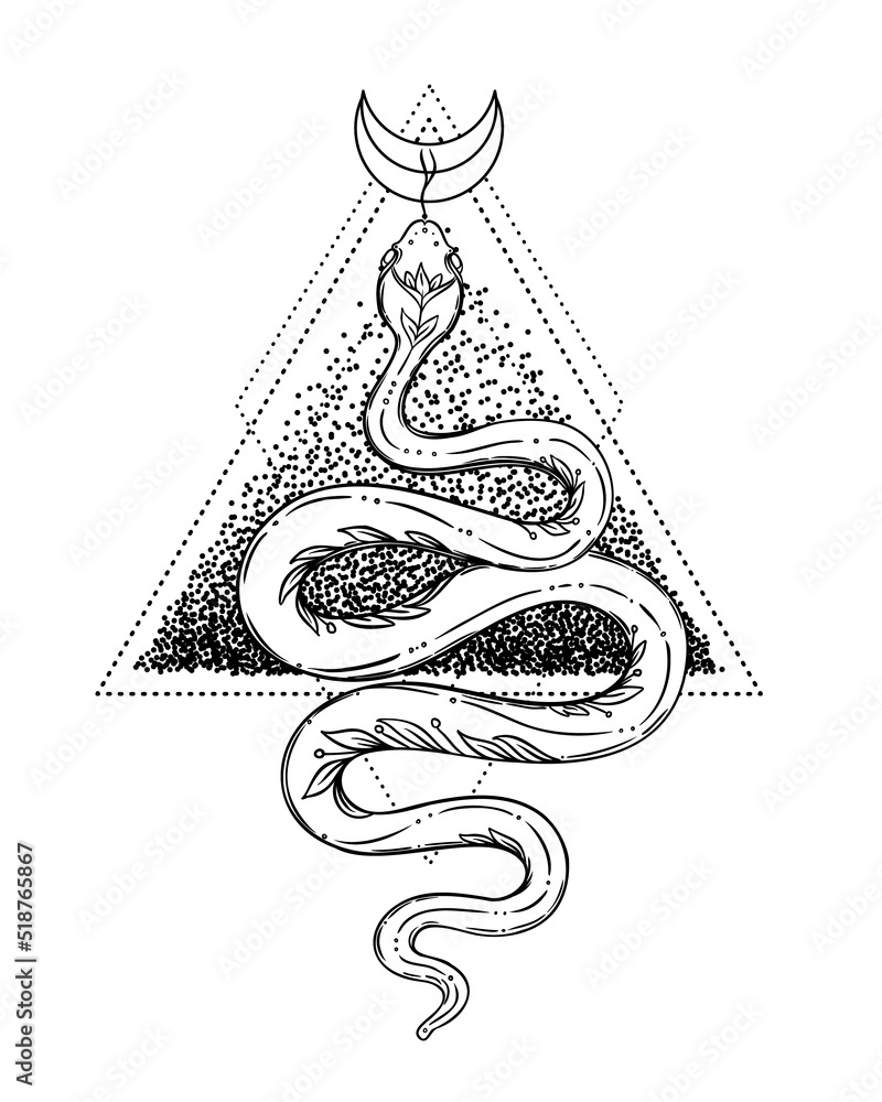 Snake and triple moon phases. Sacred geometry, celestial pagan Wiccan ...