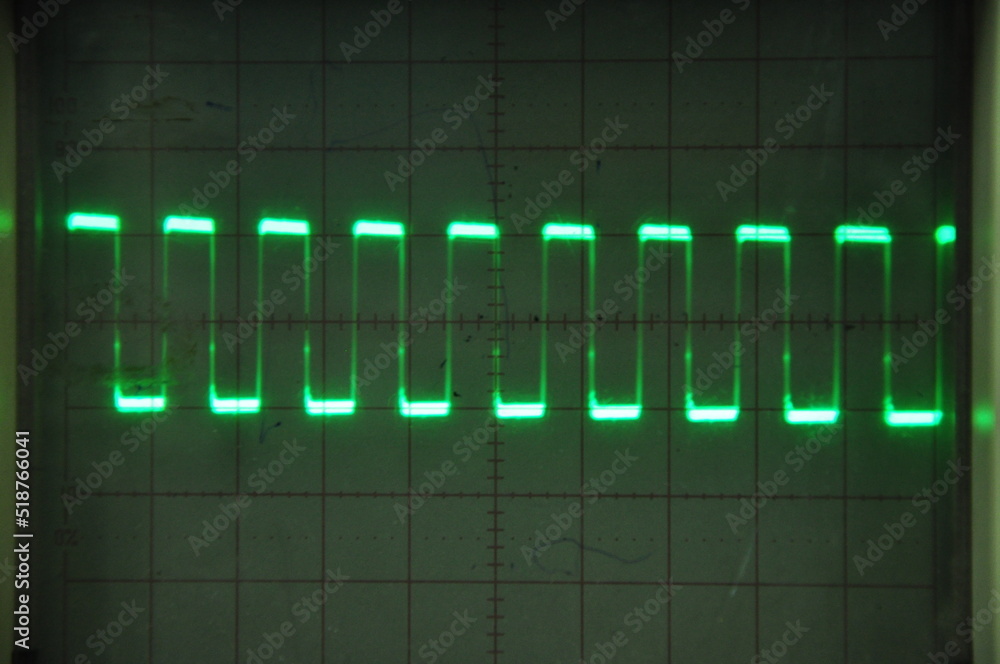 square wave displayed by an analog oscilloscope screen. The square wave ...