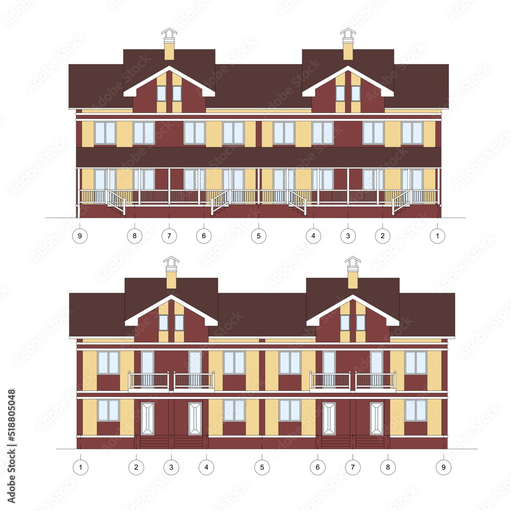 Townhouse building detailed architectural technical drawing, vector ...