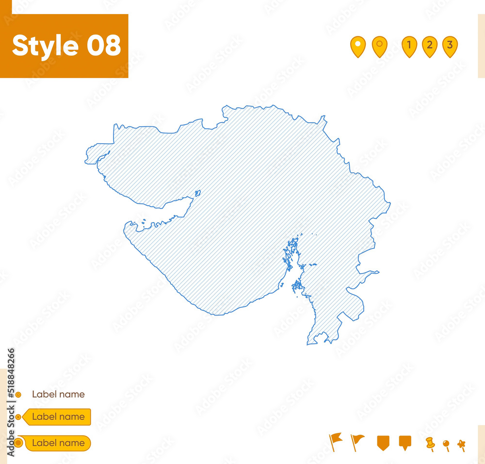 Gujarat, India - grid map isolated on white background. Outline map. Simple line, vector map ...