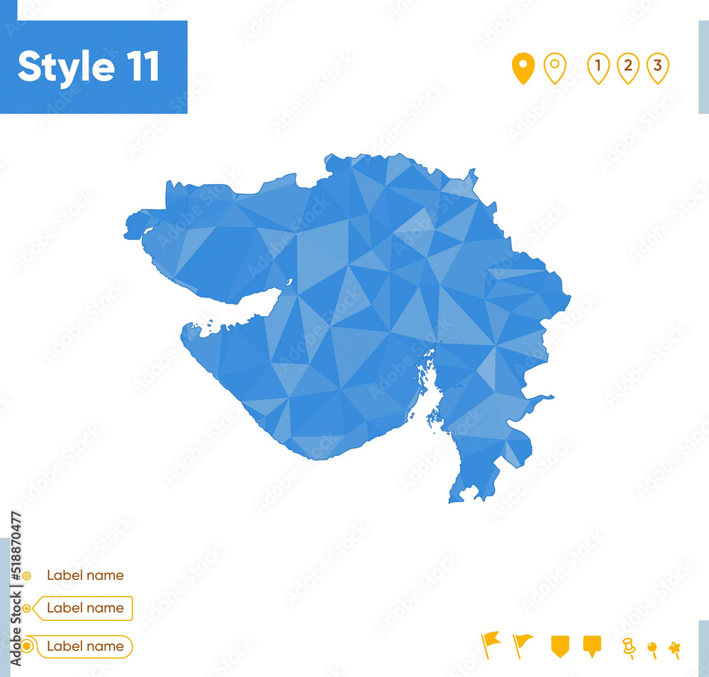 Gujarat, India - blue low poly map, polygonal map. Outline map. Vector ...