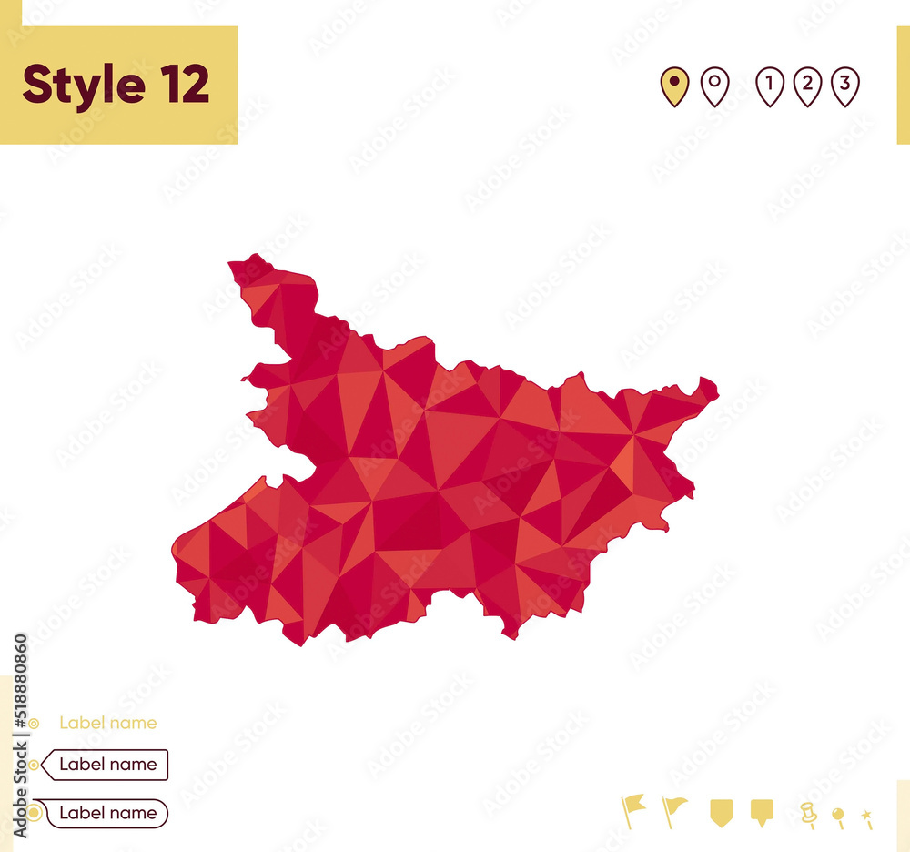 Bihar, India - red low poly map, polygonal map. Outline map. Vector ...