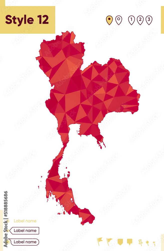 Thailand - red low poly map, polygonal map. Outline map. Vector ...