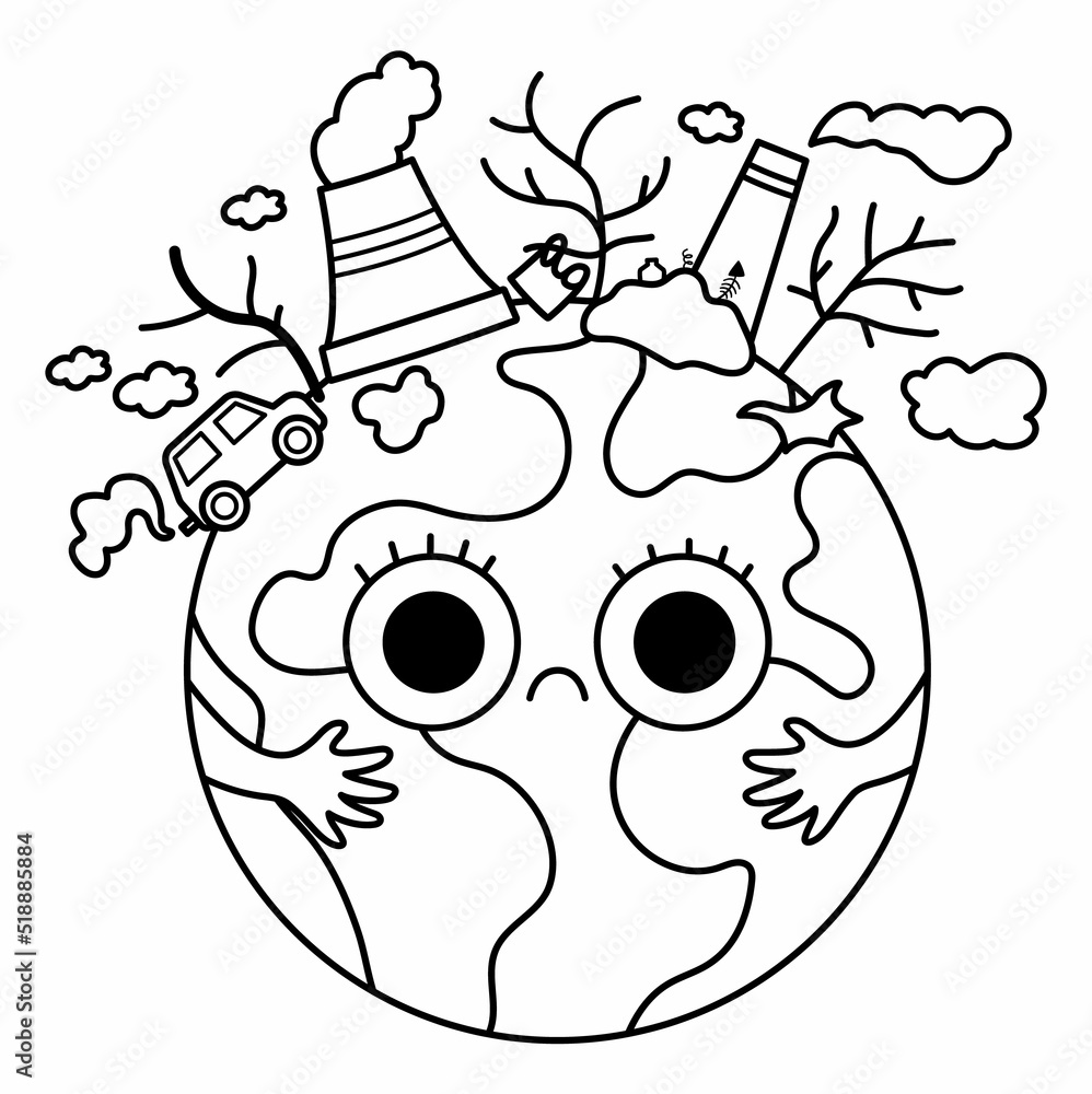 Vector black and white earth for kids. Earth day line illustration with ...