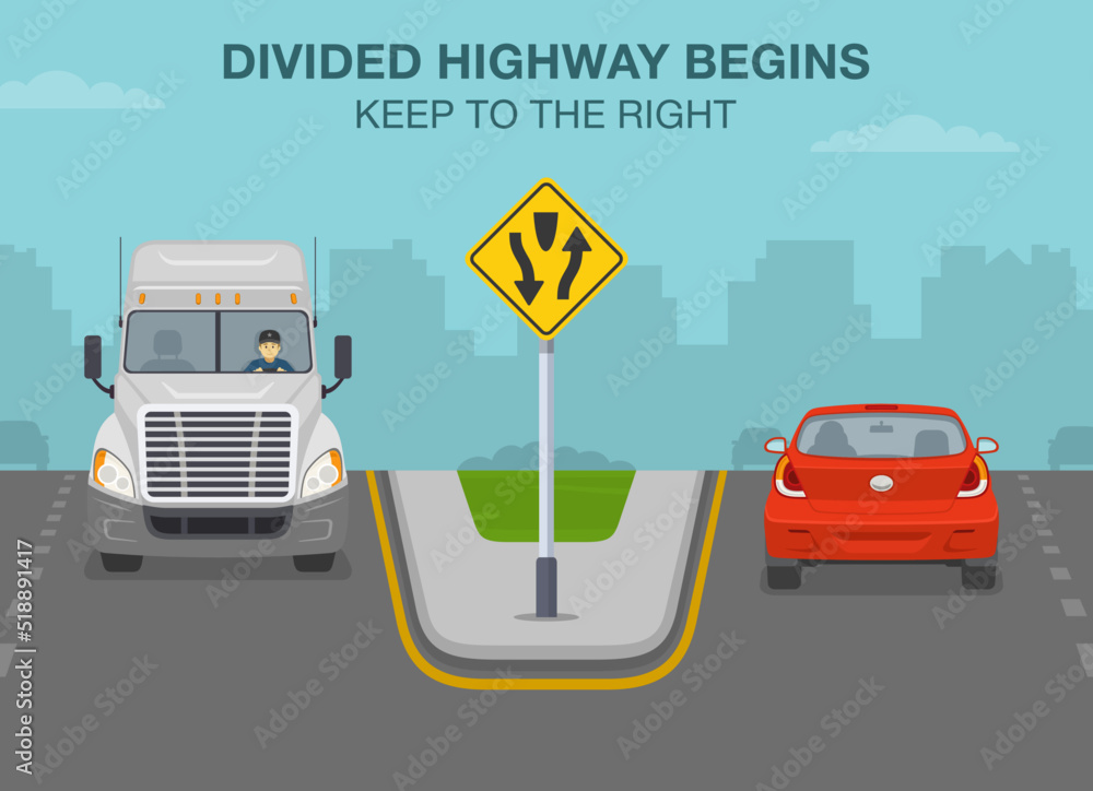 Safe driving tips and traffic regulation rules. Divided highway begins ...